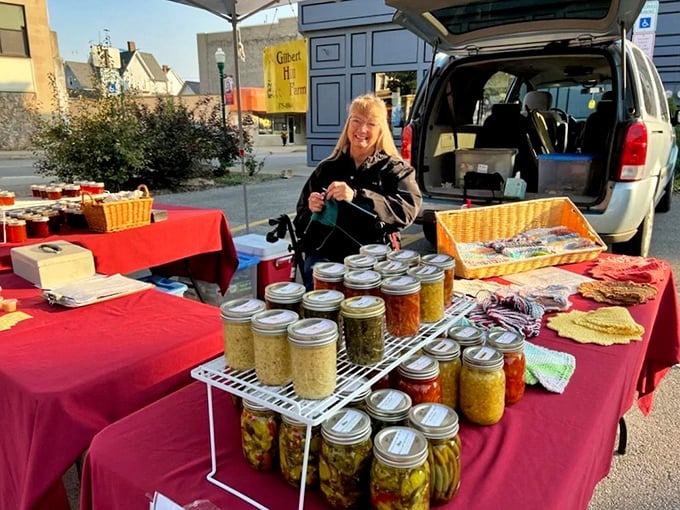 The farmers market showcases homemade preserves and local produce, where conversations with vendors include weather reports and family updates.