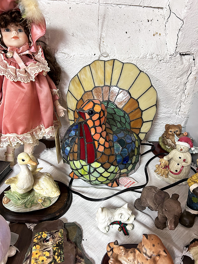 A porcelain parade of childhood memories—where stained glass turkeys and vintage dolls create the world's most eclectic Thanksgiving dinner.