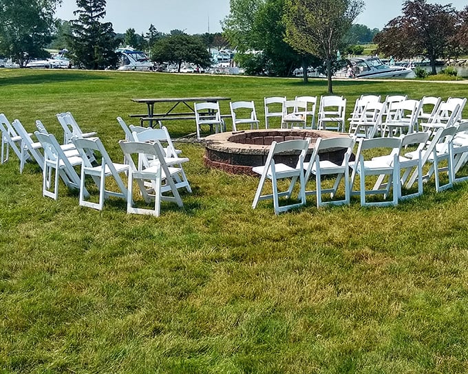 White chairs circle the fire pit like modern-day Stonehenge&mdash;a sacred space for gathering, celebrating, and perfectly toasted s'mores. 
