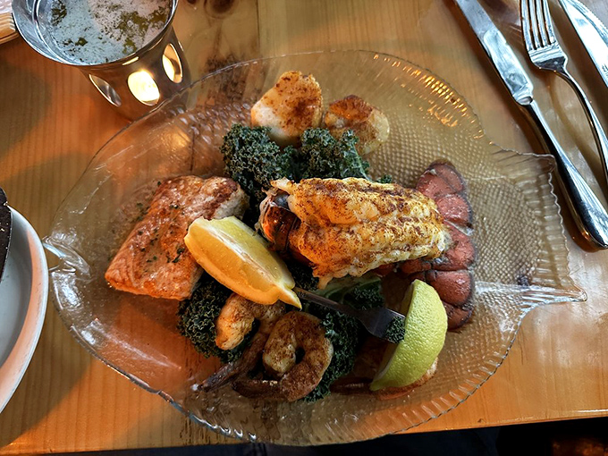 The ocean and land unite on a single plate. This seafood medley with perfectly pink beef is the United Nations of delicious diplomacy.