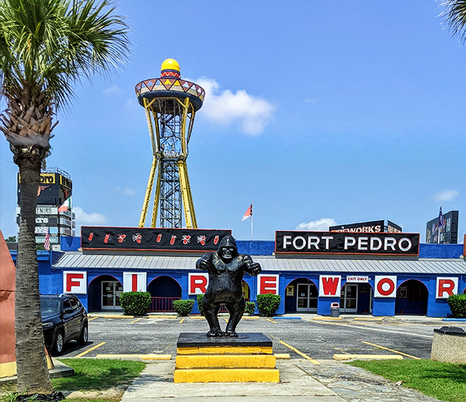 Fort Pedro Fireworks stands ready to fulfill your explosive shopping needs. Where else can you buy roman candles beneath a giant sombrero?