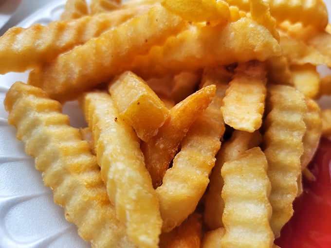 Crinkle-cut fries with that perfect golden hue &ndash; crispy on the outside, fluffy inside, and absolutely begging for a ketchup bath.