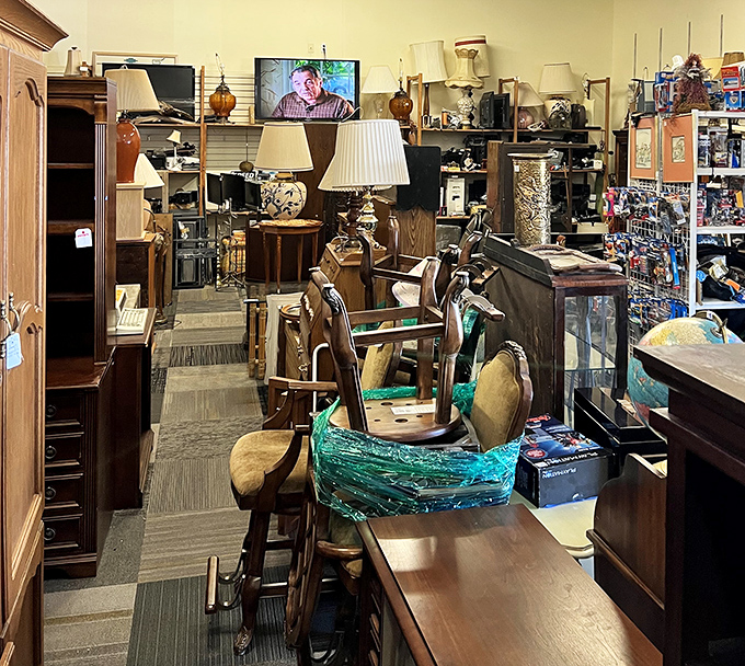 Mid-century furniture mingles with vintage lamps, creating ready-made living room vignettes that beat anything you'd find in a catalog.