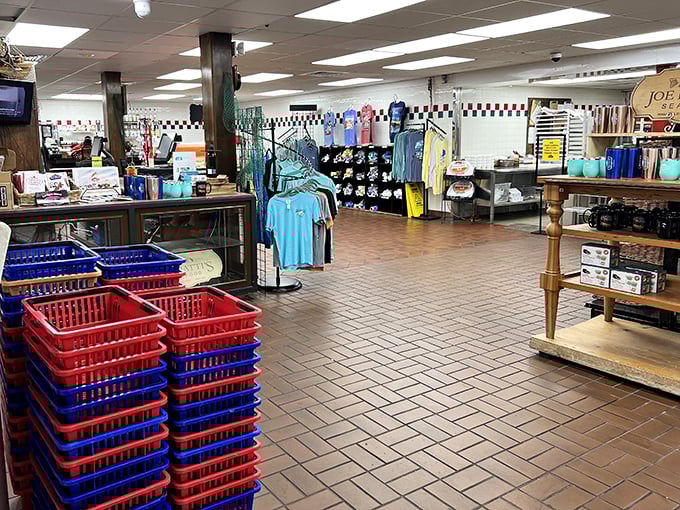 Shopping baskets stacked like building blocks of culinary potential, with Joe Patti merchandise nearby for the true seafood superfans.