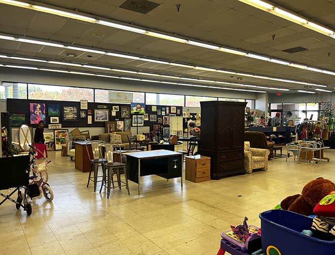 The furniture section resembles a living room time capsule spanning decades, where mid-century modern sits comfortably beside country chic.