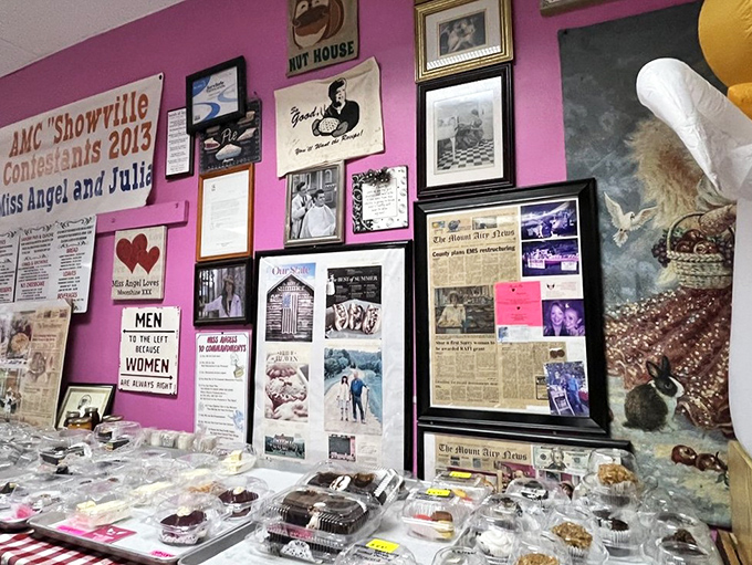 Every inch of wall space tells a story. The pink backdrop makes all those memories pop like the flavor of their signature pies.