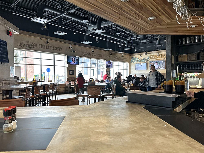 From this angle, you can almost hear the happy chatter of people about to experience burger bliss in this wood-and-concrete temple to casual dining. 