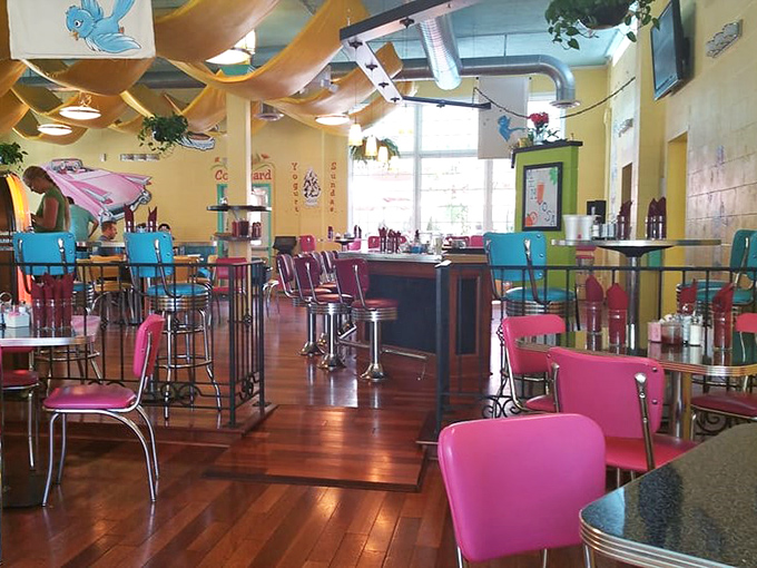 Retro diner meets color explosion&mdash;with turquoise and pink chairs that would make your grandparents nostalgic and your Instagram followers envious.