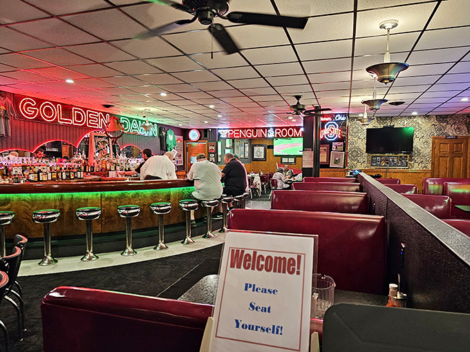The bar area where strangers become friends and "just one more" becomes the night's recurring theme.