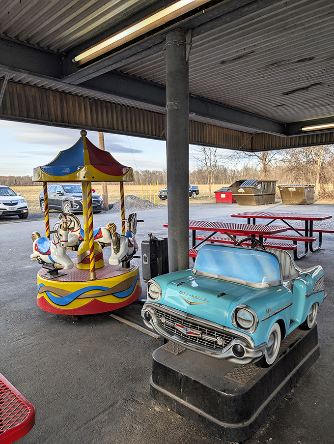 Vintage kiddie rides flanking the entrance remind us that some places understand dining out should be fun for the whole family.