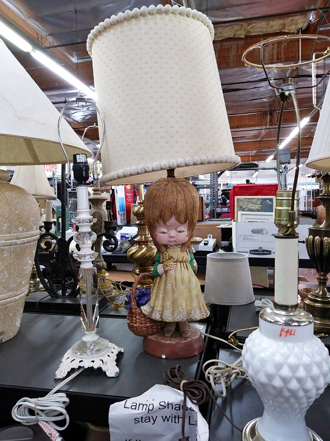 The lamp section illuminates both spaces and imaginations. That vintage porcelain doll figurine lamp is equal parts charming and conversation starter.
