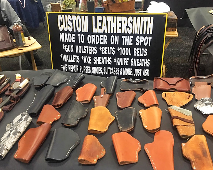 The leathersmith's booth&mdash;where craftsmanship isn't just preserved, it's practiced. Custom work done while you hunt for other treasures.