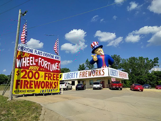 Nothing says "America" quite like a fireworks stand with Uncle Sam out front, promising explosive entertainment and patriotic displays for your hard-earned dollars.
