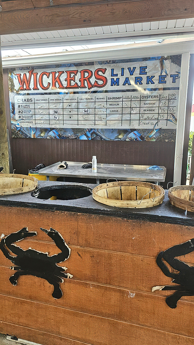 The live market price board&mdash;where seafood economics meet deliciousness. Those wooden baskets below are about to make someone very happy.