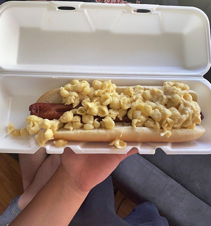 Mac and cheese on a hot dog? Whoever thought of this deserves a Nobel Prize in the field of delicious decisions.