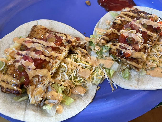 Mahi tacos with all the fixings&mdash;proof that sometimes the best things in life come wrapped in a tortilla.