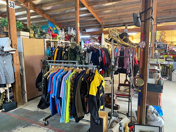 Men's clothing displayed with no-nonsense practicality. That sombrero hanging from the ceiling? That's the impulse purchase you didn't see coming.