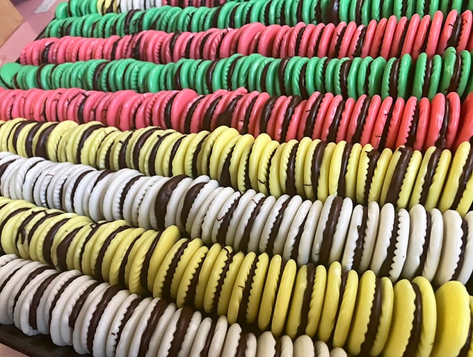 These colorful sandwich cookies lined up like edible dominos are begging to start a chain reaction of happiness in your day.