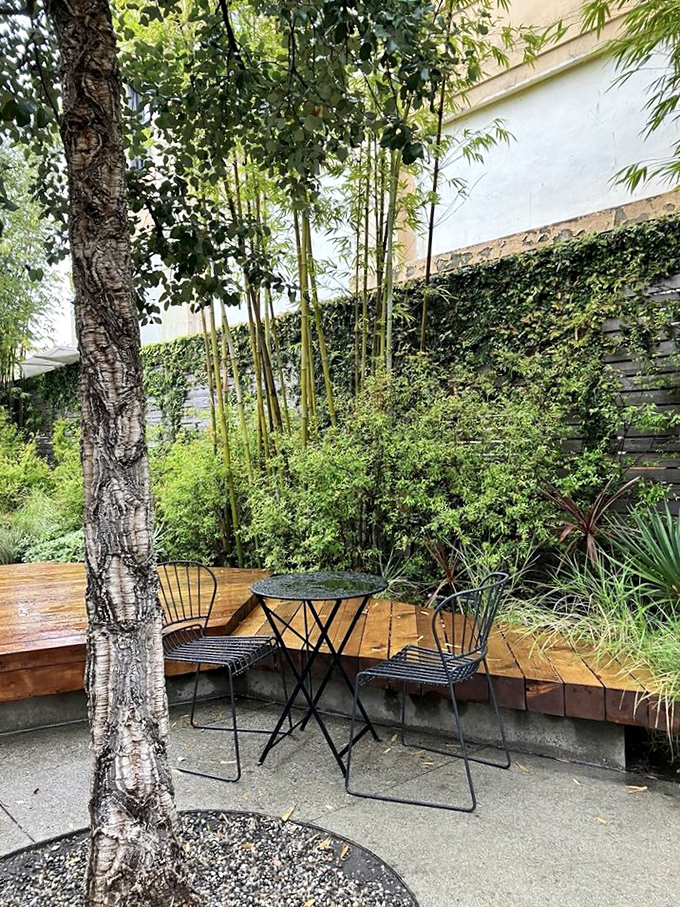 A secluded corner of the patio where bamboo and greenery create the perfect backdrop for intimate conversations and inevitable pizza cravings.