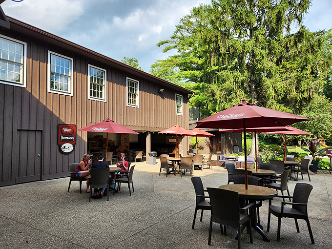 The outdoor seating area offers a peaceful retreat under Velvet-branded umbrellas. Because ice cream tastes even better with a side of fresh air.