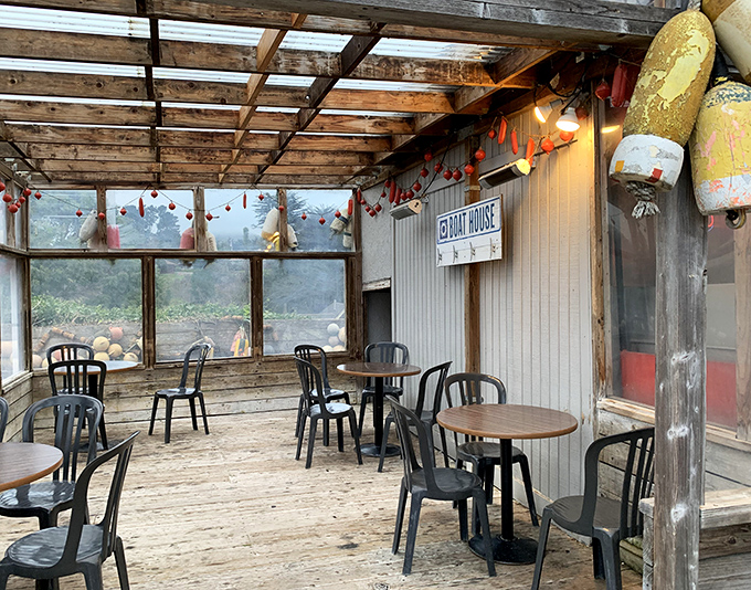 Foggy coastal mornings turn this covered patio into the perfect spot to contemplate life's big questions over a basket of fish and chips.