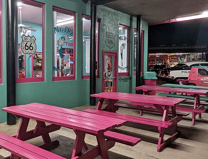 Pink picnic tables outside Mr. D'z don't just offer seating&mdash;they provide front-row tickets to the greatest show on Route 66.