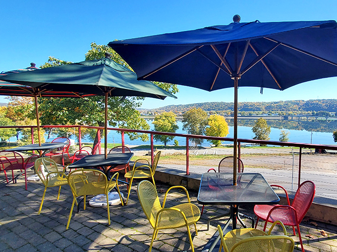 Colorful chairs dot the outdoor patio like confetti, offering front-row seats to Pennsylvania's natural beauty and the perfect backdrop for sauce-stained fingers.