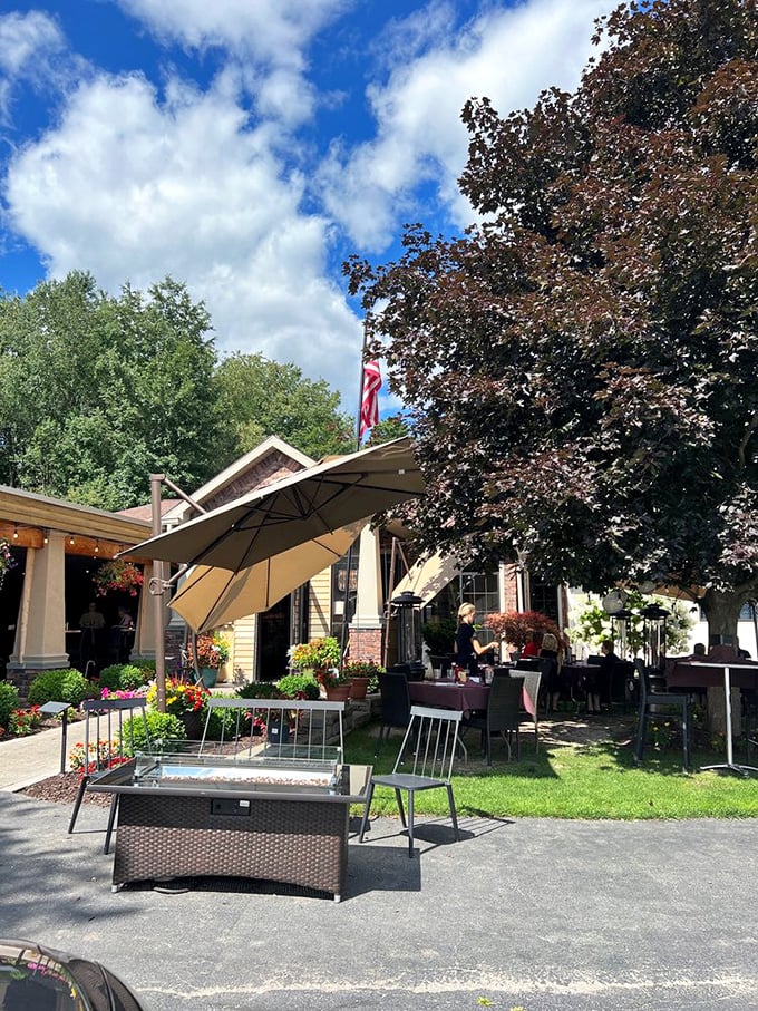Outdoor seating under Pennsylvania skies where even the clouds look like they're hanging around for dinner.