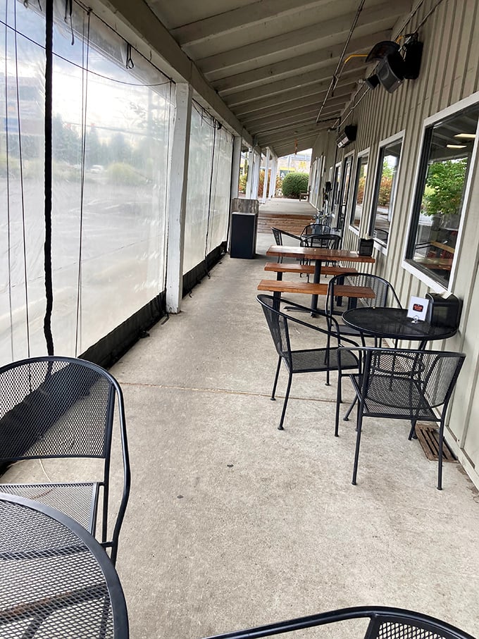 The covered porch offers weather-protected dining with a side of fresh air &ndash; Oregon's version of al fresco eating acknowledges rain happens.