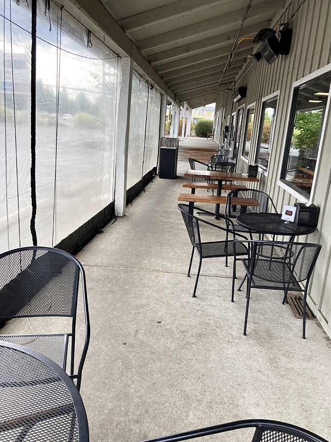 The covered porch offers weather-protected dining with a side of fresh air &ndash; Oregon's version of al fresco eating acknowledges rain happens.