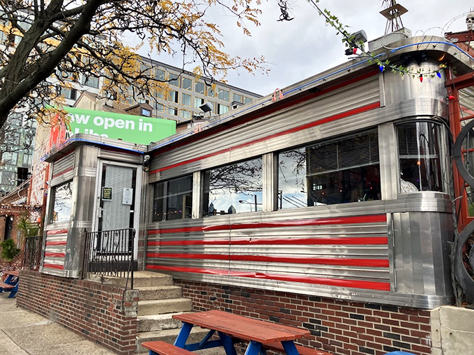 The classic diner exterior gleams like a silver bullet of deliciousness aimed straight at your hunger pangs.