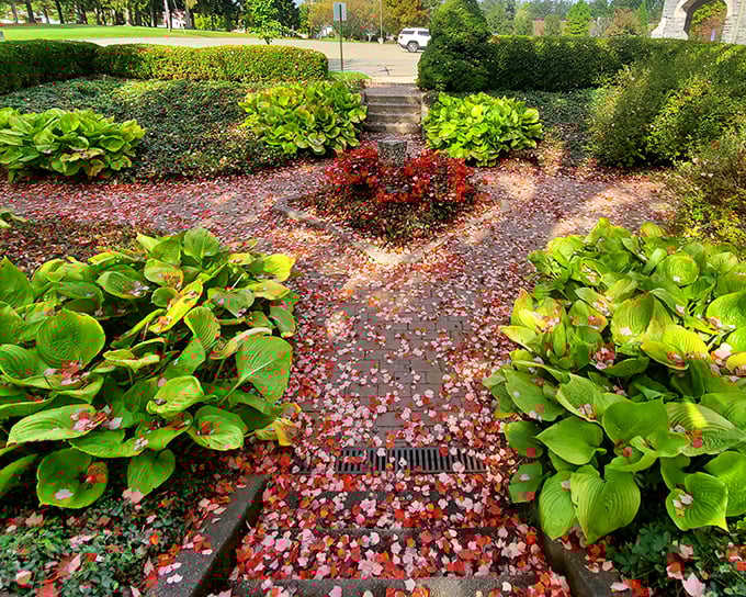 Nature frames architecture in perfect harmony as autumn leaves create a vibrant pathway through the castle's meticulously maintained grounds.