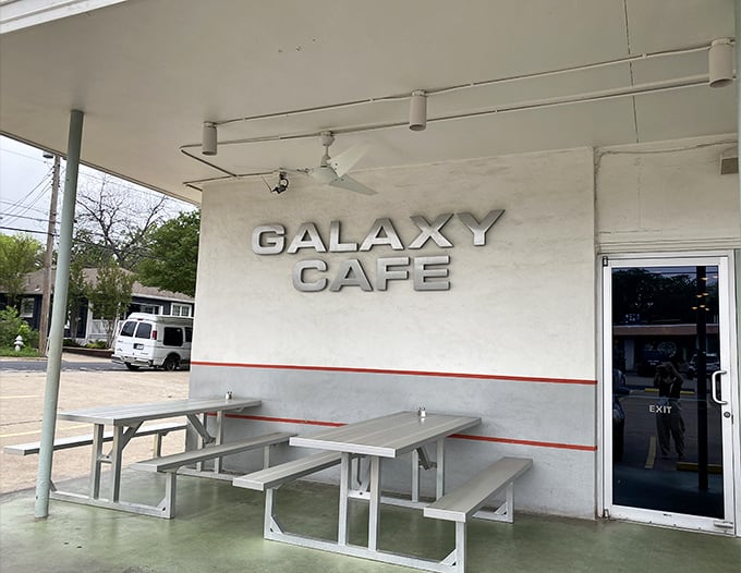 The minimalist exterior of Galaxy Cafe's West Lynn location offers a clean, inviting entrance to breakfast paradise.