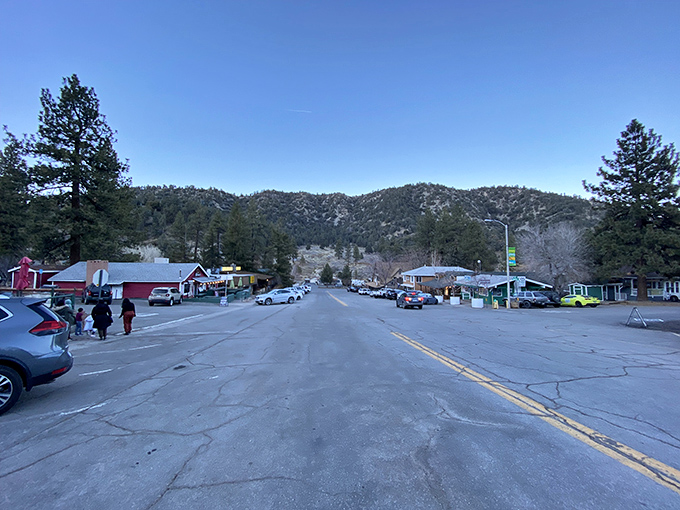 Wrightwood's main street invites leisurely strolls between shops, restaurants, and conversations with friendly locals.