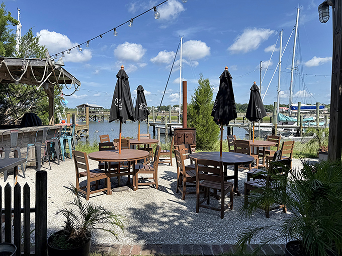 The waterfront patio offers front-row seats to Shem Creek's working waterfront. Shrimp boats and dolphins provide the entertainment.
