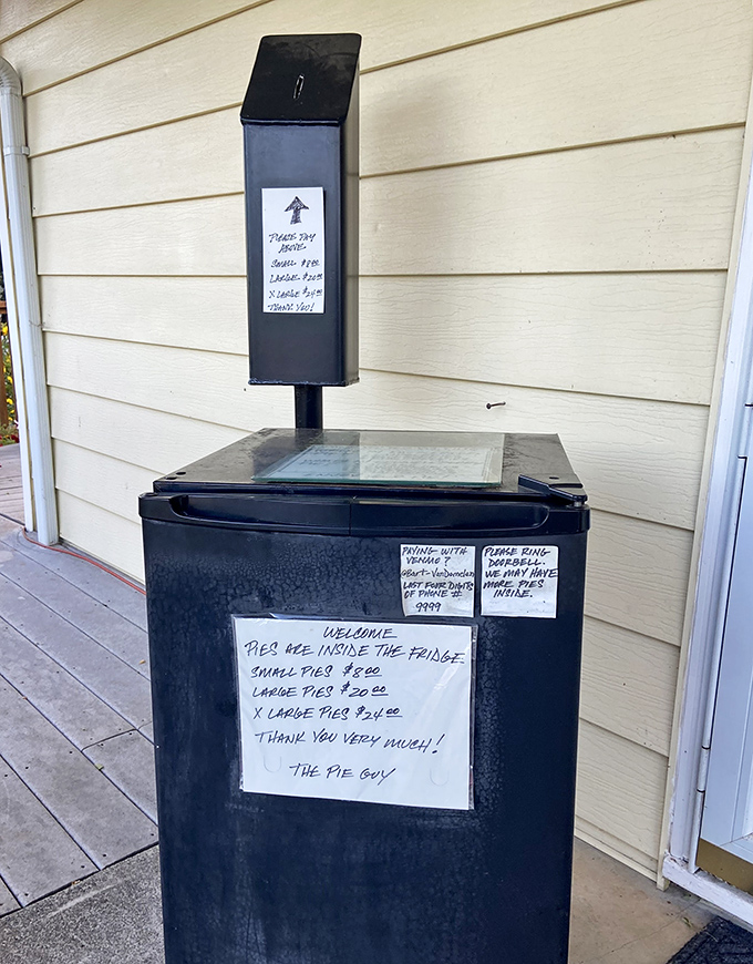 The honor system payment box speaks volumes about small-town trust. Pie brings out the best in humanity.
