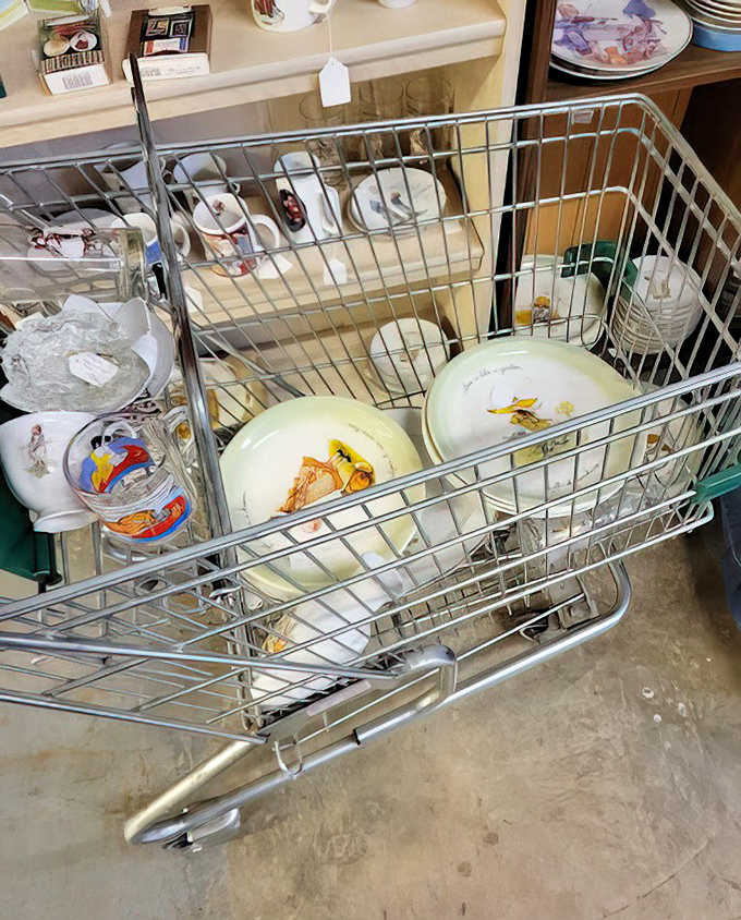 A shopping cart filled with vintage dishware tells stories of Sunday dinners past. Grandma would approve of this china rescue mission.