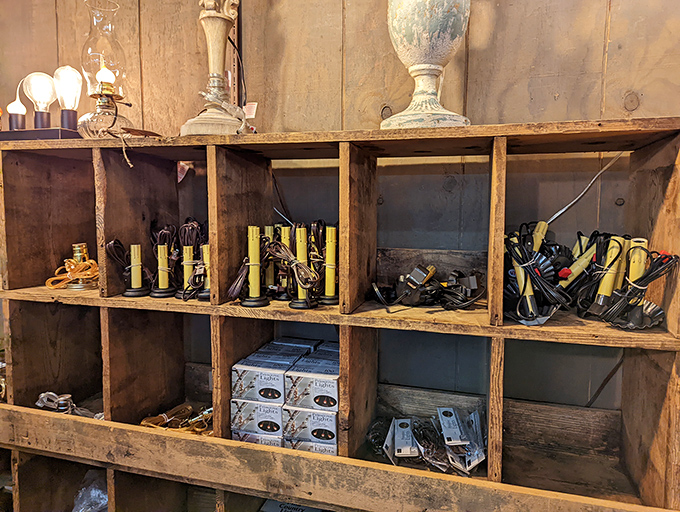 Primitive lighting solutions housed in rustic wooden cubbies&mdash;electricity with a nod to simpler times.