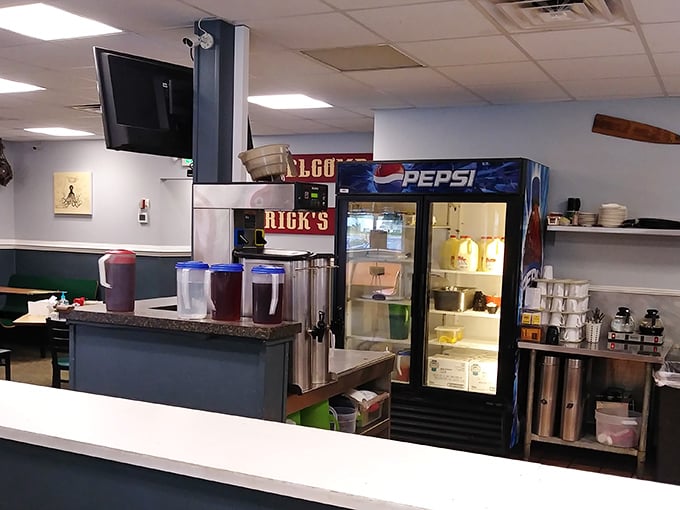 The drink station stands ready for service &ndash; those tea dispensers holding the sweet elixir that fuels many a Southern conversation.