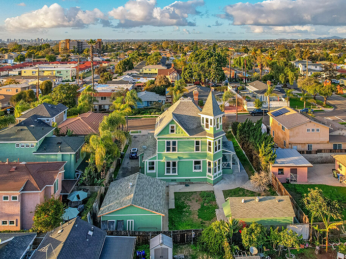 Architectural eye candy abounds in Chula Vista's historic neighborhoods, where this mint-green Victorian stands as a colorful testament to preservation.