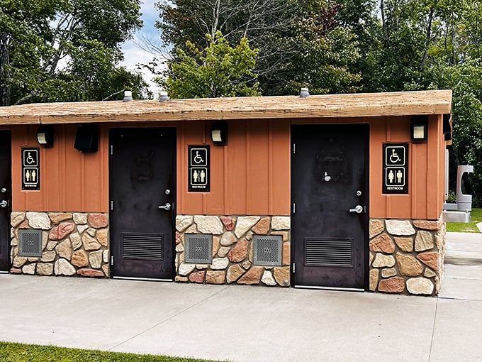 Even the facilities blend harmoniously with the surroundings. Stone and wood restrooms maintain the park's natural aesthetic.