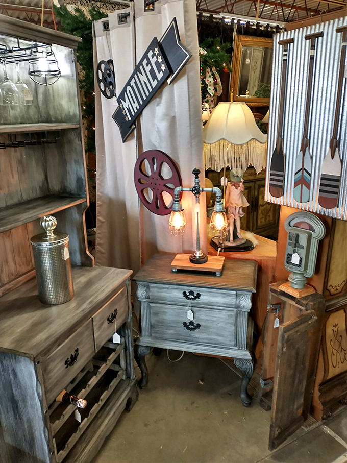 Industrial chic meets movie set magic. That pipe lamp and weathered nightstand combo is what happens when farmhouse and steampunk styles have coffee.