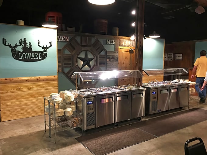 The salad bar setup stands ready for duty, though we all know it's just the opening act for the headlining beef.