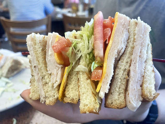 A club sandwich stacked higher than some Texas oil derricks. Each layer perfectly placed, a structural engineering marvel between bread slices.