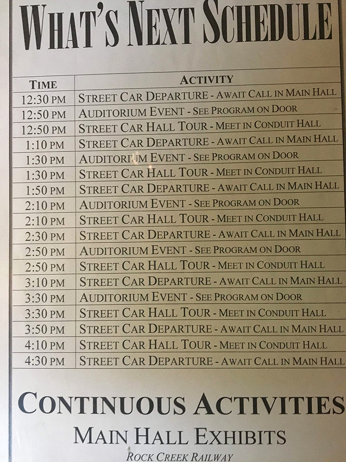 The museum's precise schedule ensures visitors never miss a trolley departure. Like the transit systems of yesterday, punctuality remains a point of pride.