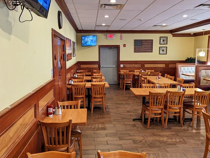 The dining room stands ready for the next wave of hungry patrons, each table a blank canvas awaiting culinary masterpieces.