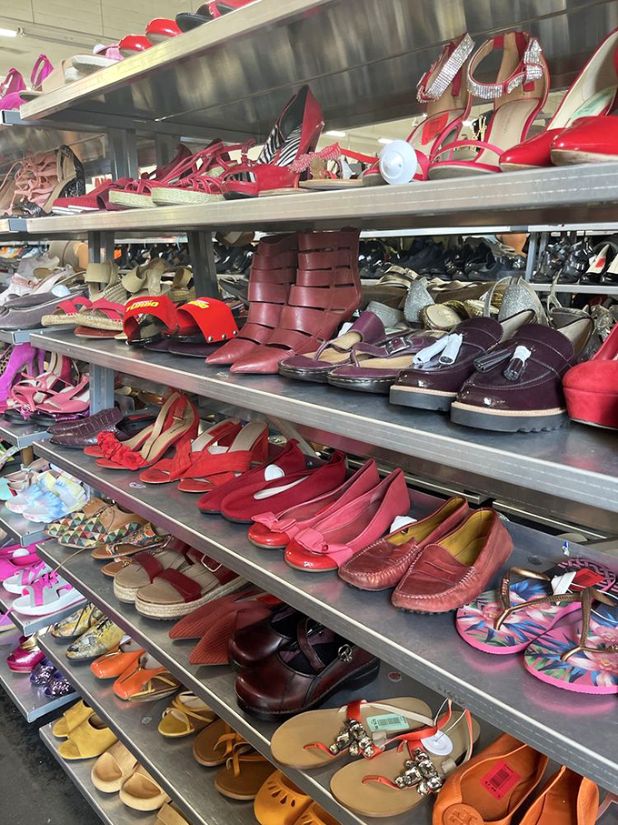The shoe department offers everything from barely-worn designer heels to practical flats, all arranged in a rainbow of possibility.