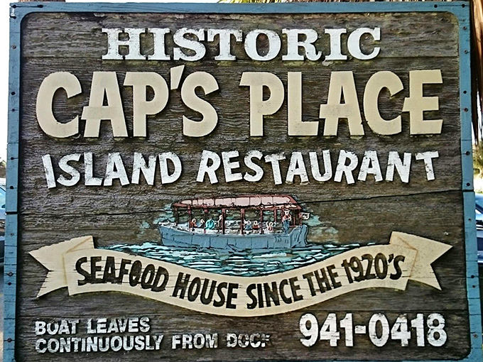 The sign says it all&mdash;historic, island-bound, and accessible only by boat. Some restaurants try to create character; Cap's Place simply has it.