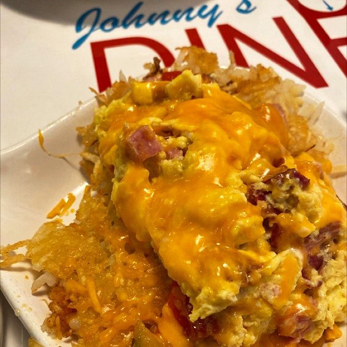 Cheese melted over eggs and ham in a harmony so perfect it makes you wonder why international diplomacy can't be this successful.