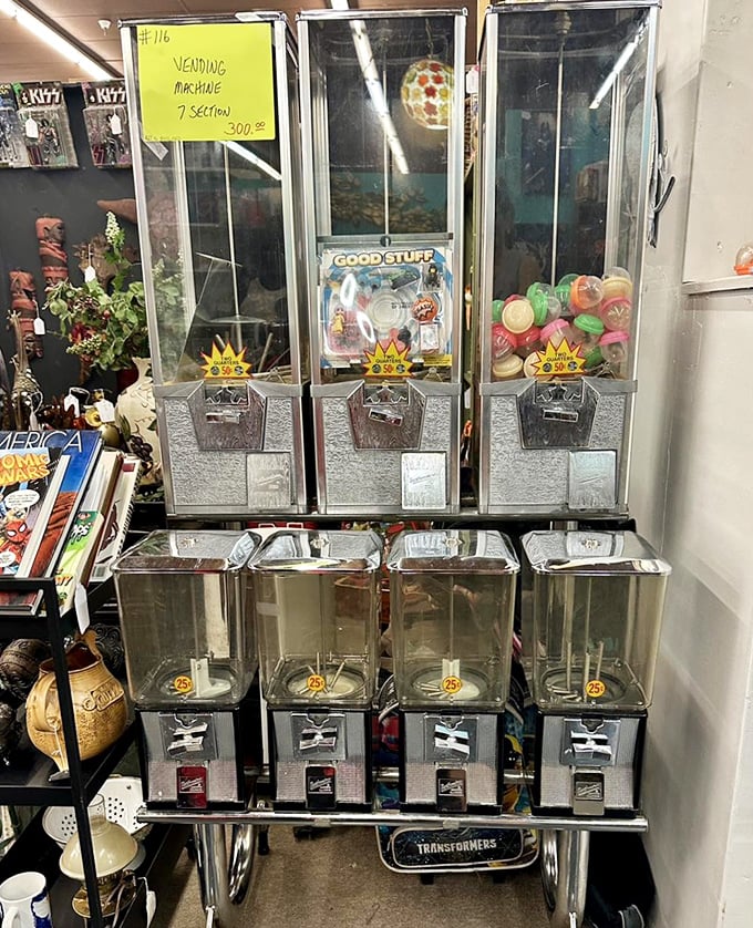 Vintage vending machines offering nostalgic treats at not-so-nostalgic prices. Remember when a gumball cost a penny? Neither does your wallet.